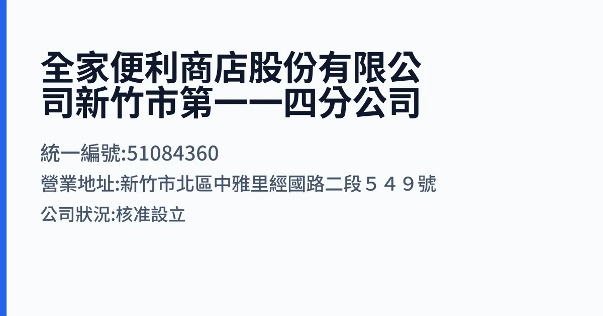 全家便利商店股份有限公司新竹市第一一四分公司 - 統編 51084360(新竹市) 公司登記資料與營業項目詳細圖表