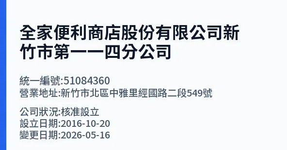 全家便利商店股份有限公司新竹市第一一四分公司的照片-統編 51084360(新竹市) 公司登記資料與營業項目詳細圖表