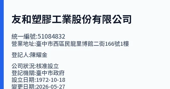 友和塑膠工業股份有限公司的照片-統編 51084832(臺中市) 公司登記資料與營業項目詳細圖表