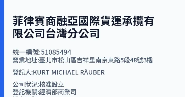 菲律賓商融亞國際貨運承攬有限公司台灣分公司的照片-統編 51085494(臺北市) 公司登記資料與營業項目詳細圖表