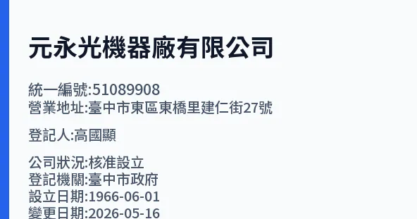 元永光機器廠有限公司的照片-統編 51089908(臺中市) 公司登記資料與營業項目詳細圖表