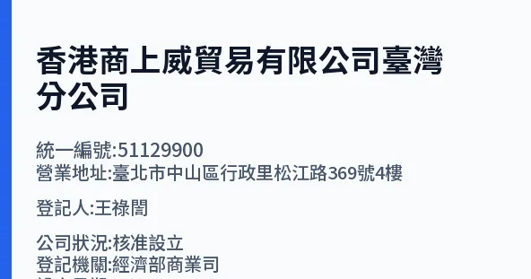 香港商上威貿易有限公司臺灣分公司的照片-統編 51129900(臺北市) 公司登記資料與營業項目詳細圖表