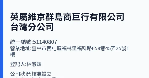英屬維京群島商巨行有限公司台灣分公司的照片-統編 51140807(臺中市) 公司登記資料與營業項目詳細圖表