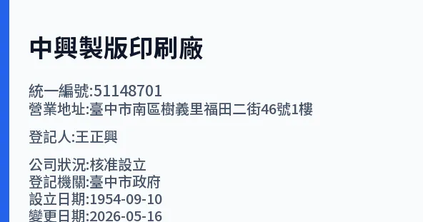 中興製版印刷廠的照片-統編 51148701(臺中市) 公司登記資料與營業項目詳細圖表