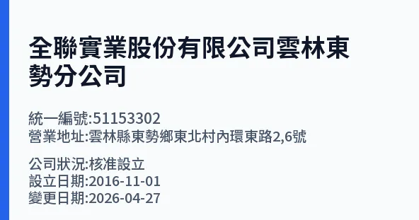 全聯實業股份有限公司雲林東勢分公司的照片-統編 51153302(雲林縣) 公司登記資料與營業項目詳細圖表