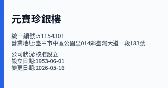 元寶珍銀樓的照片-統編 51154301(臺中市) 公司登記資料與營業項目詳細圖表