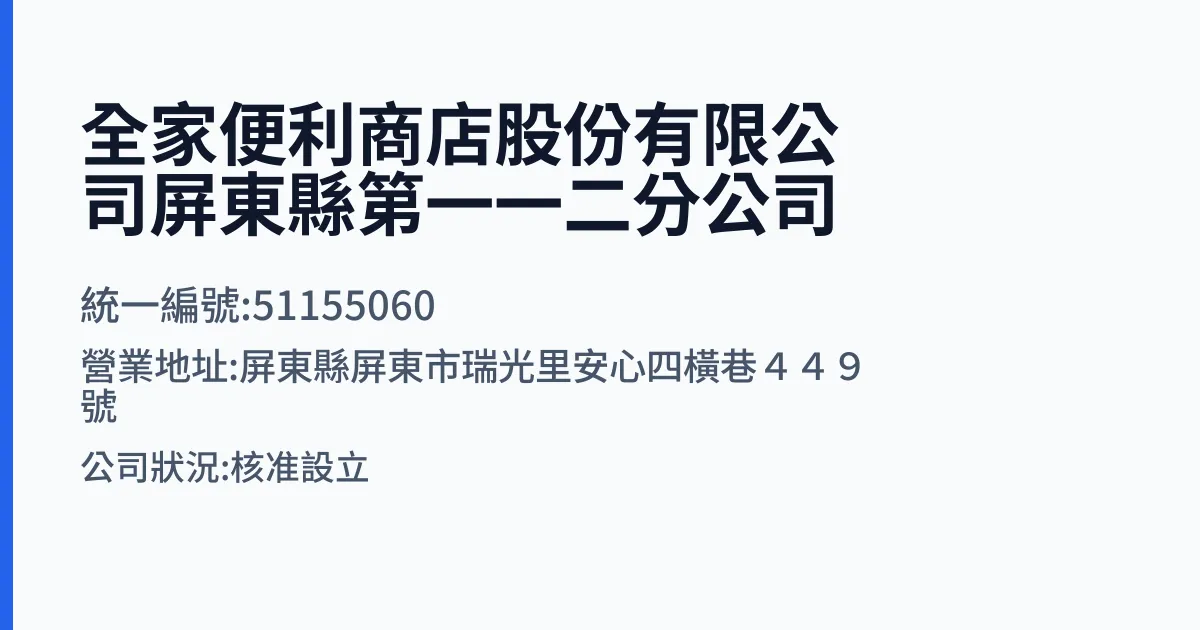 全家便利商店股份有限公司屏東縣第一一二分公司 - 統編 51155060(屏東縣) 公司登記資料與營業項目詳細圖表
