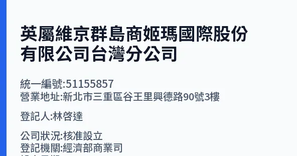 英屬維京群島商姬瑪國際股份有限公司台灣分公司的照片-統編 51155857(新北市) 公司登記資料與營業項目詳細圖表