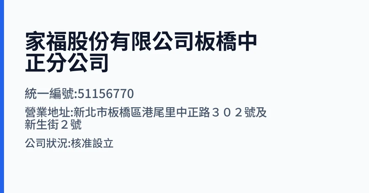 家福股份有限公司板橋中正分公司 - 統編 51156770(新北市) 公司登記資料與營業項目詳細圖表