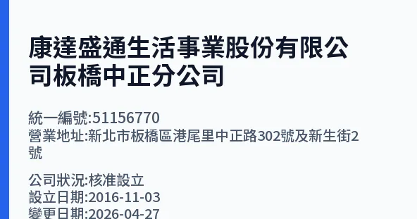 康達盛通生活事業股份有限公司板橋中正分公司的照片-統編 51156770(新北市) 公司登記資料與營業項目詳細圖表