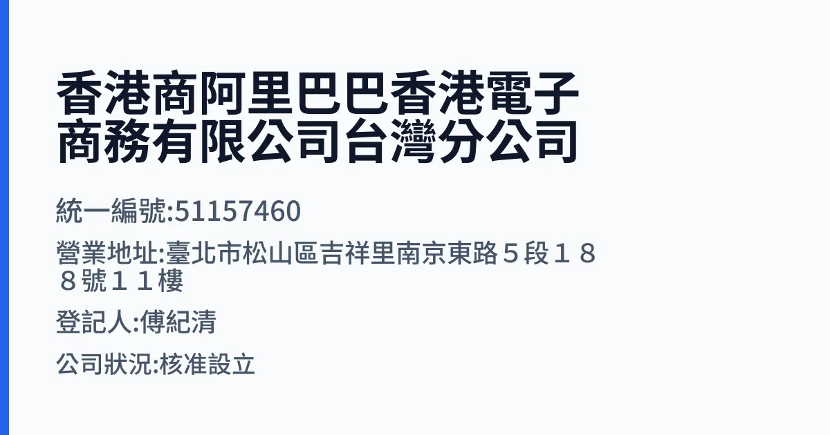 香港商阿里巴巴香港電子商務有限公司台灣分公司 - 統編 51157460(臺北市) 公司登記資料與營業項目詳細圖表