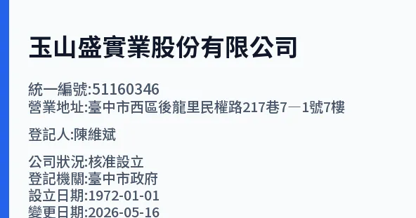 玉山盛實業股份有限公司的照片-統編 51160346(臺中市) 公司登記資料與營業項目詳細圖表