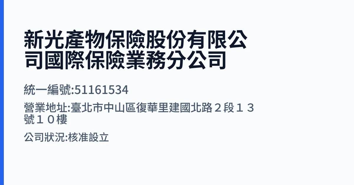 新光產物保險股份有限公司國際保險業務分公司 - 統編 51161534(臺北市) 公司登記資料與營業項目詳細圖表