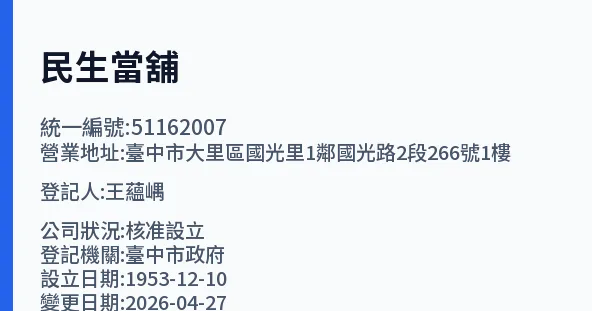 民生當舖的照片-統編 51162007(臺中市) 公司登記資料與營業項目詳細圖表