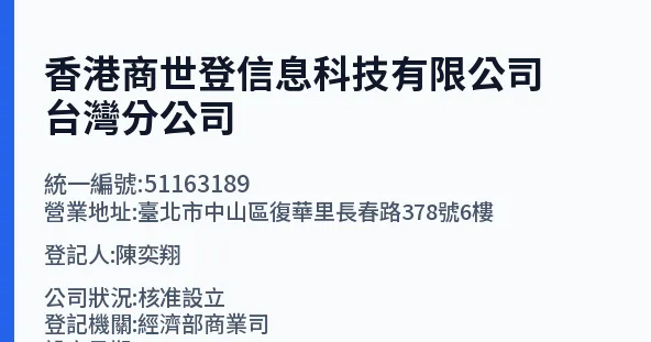 香港商世登信息科技有限公司台灣分公司的照片-統編 51163189(臺北市) 公司登記資料與營業項目詳細圖表