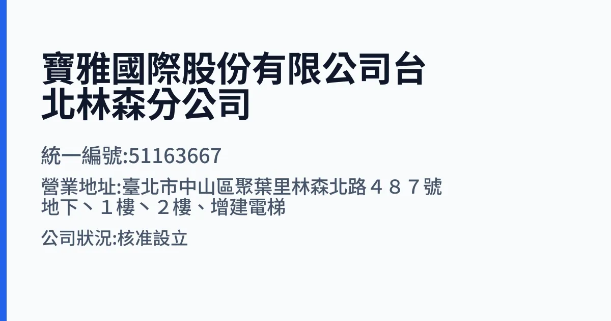 寶雅國際股份有限公司台北林森分公司 - 統編 51163667(臺北市) 公司登記資料與營業項目詳細圖表