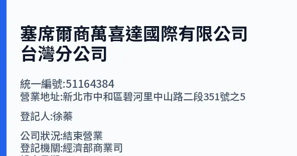 塞席爾商萬喜達國際有限公司台灣分公司的照片-統編 51164384(新北市) 公司登記資料與營業項目詳細圖表