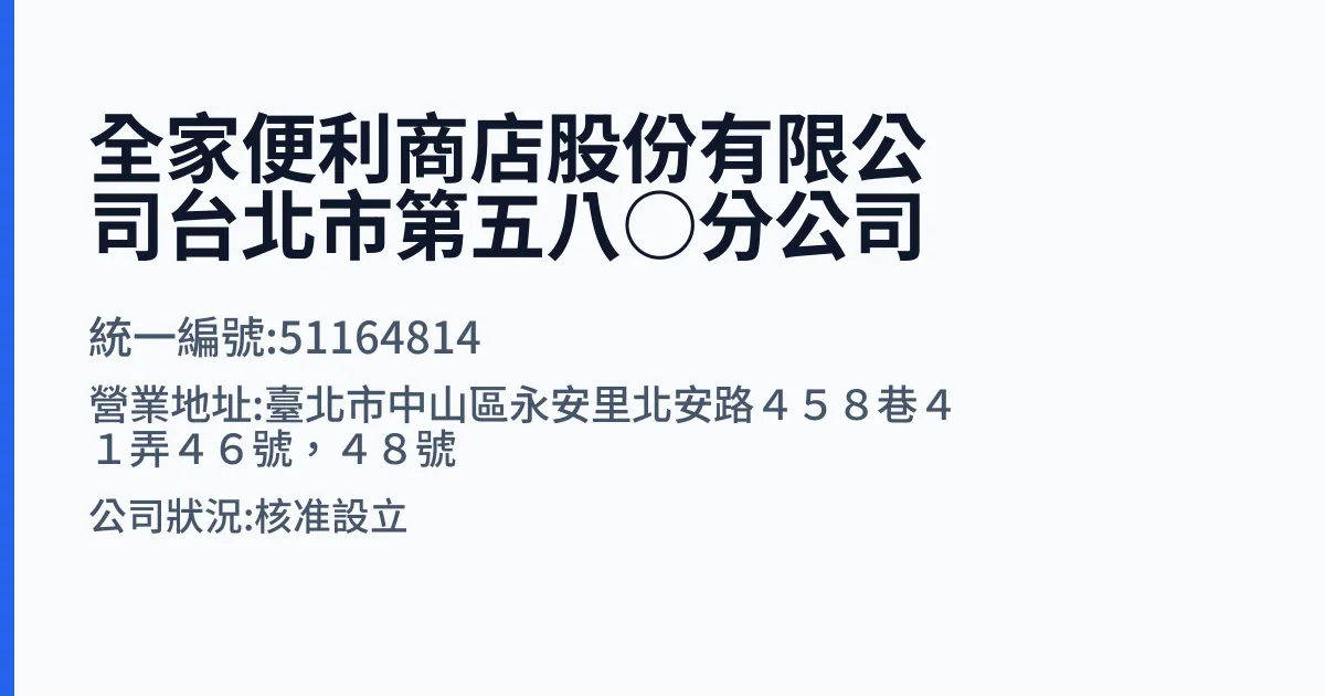 全家便利商店股份有限公司台北市第五八○分公司 - 統編 51164814(臺北市) 公司登記資料與營業項目詳細圖表