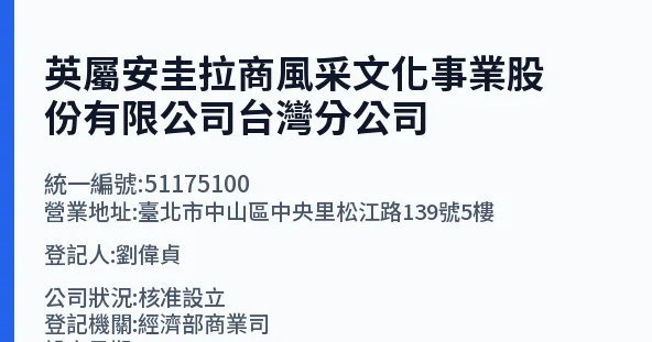 英屬安圭拉商風采文化事業股份有限公司台灣分公司的照片-統編 51175100(臺北市) 公司登記資料與營業項目詳細圖表