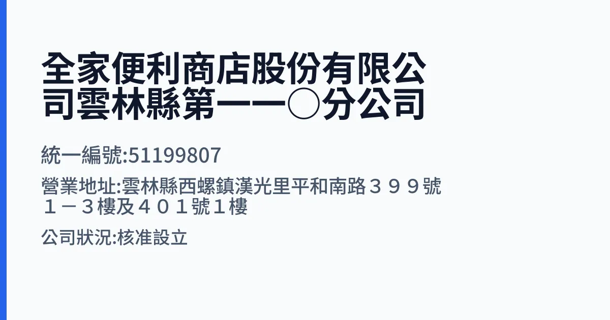全家便利商店股份有限公司雲林縣第一一○分公司 - 統編 51199807(雲林縣) 公司登記資料與營業項目詳細圖表