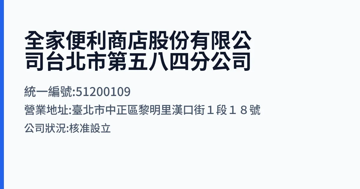 全家便利商店股份有限公司台北市第五八四分公司 - 統編 51200109(臺北市) 公司登記資料與營業項目詳細圖表
