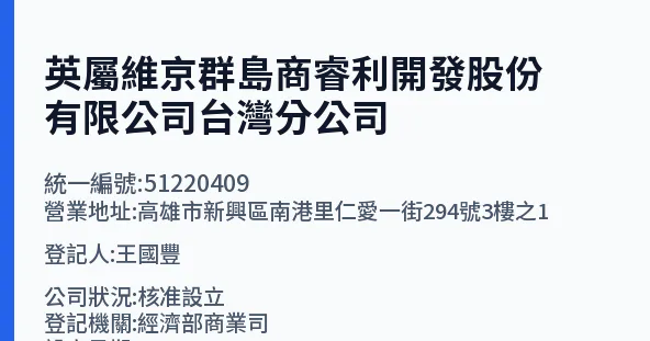 英屬維京群島商睿利開發股份有限公司台灣分公司的照片-統編 51220409(高雄市) 公司登記資料與營業項目詳細圖表