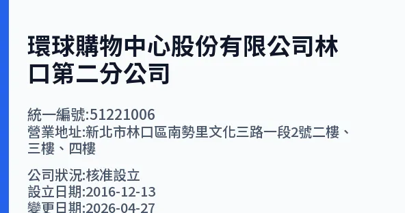 環球購物中心股份有限公司林口第二分公司的照片-統編 51221006(新北市) 公司登記資料與營業項目詳細圖表