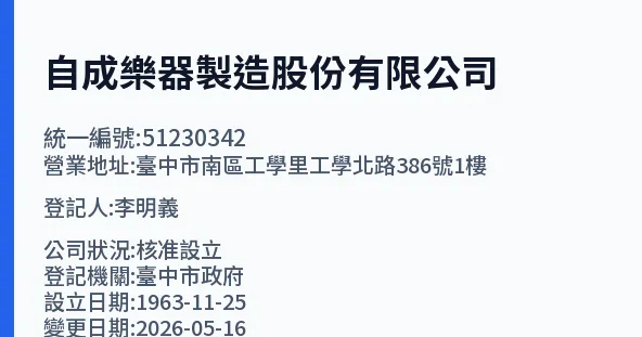 自成樂器製造股份有限公司的照片-統編 51230342(臺中市) 公司登記資料與營業項目詳細圖表