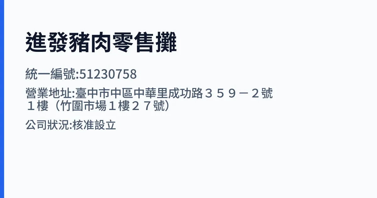 進發豬肉零售攤 - 統編 51230758（臺中市） 公司登記資料與營業項目詳細圖表