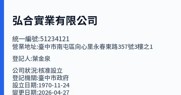 弘合實業有限公司的照片-統編 51234121(臺中市) 公司登記資料與營業項目詳細圖表