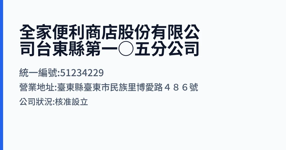 全家便利商店股份有限公司台東縣第一○五分公司 - 統編 51234229(臺東縣) 公司登記資料與營業項目詳細圖表