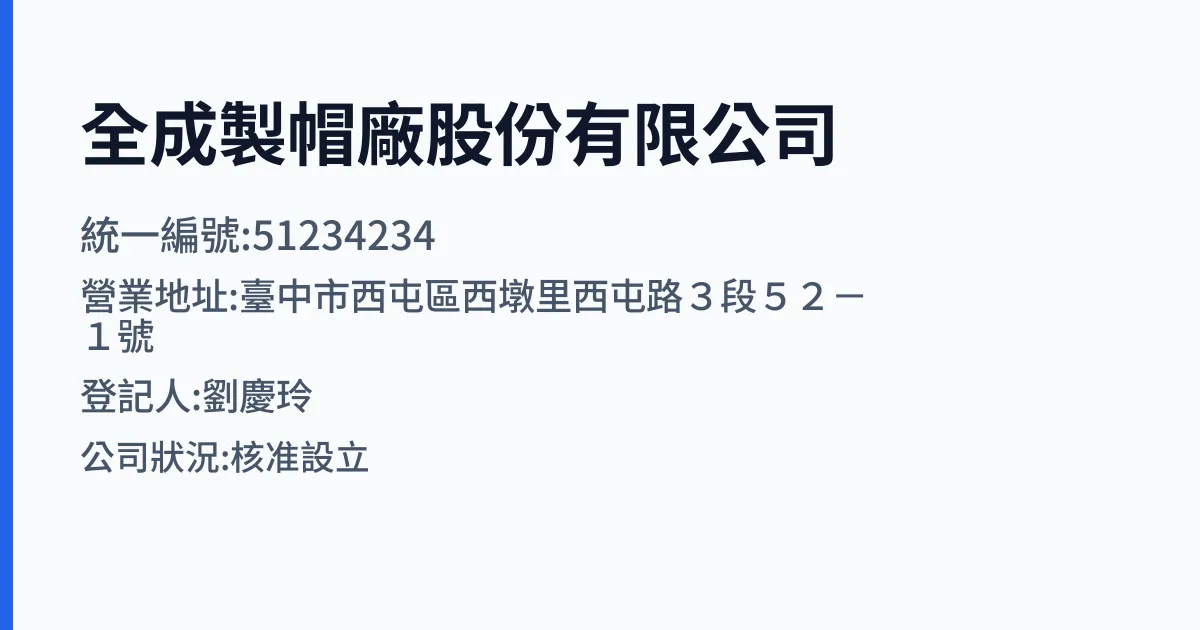 全成製帽廠股份有限公司 - 統編 51234234(臺中市) 公司登記資料與營業項目詳細圖表