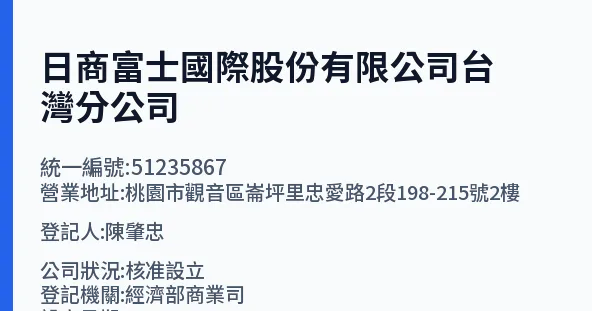 日商富士國際股份有限公司台灣分公司的照片-統編 51235867(桃園市) 公司登記資料與營業項目詳細圖表