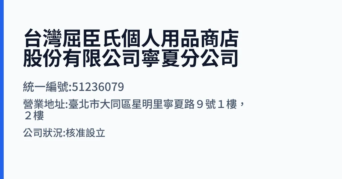 台灣屈臣氏個人用品商店股份有限公司寧夏分公司 - 統編 51236079(臺北市) 公司登記資料與營業項目詳細圖表