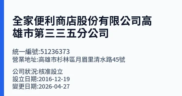 全家便利商店股份有限公司高雄市第三三五分公司的照片-統編 51236373(高雄市) 公司登記資料與營業項目詳細圖表