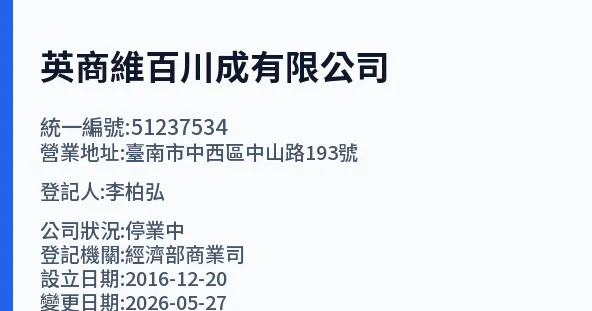 英商維百川成有限公司的照片-統編 51237534(臺南市) 公司登記資料與營業項目詳細圖表