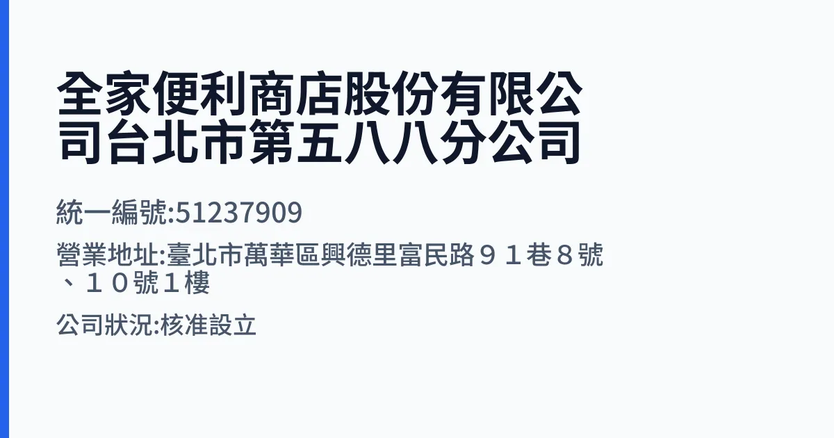 全家便利商店股份有限公司台北市第五八八分公司 - 統編 51237909(臺北市) 公司登記資料與營業項目詳細圖表