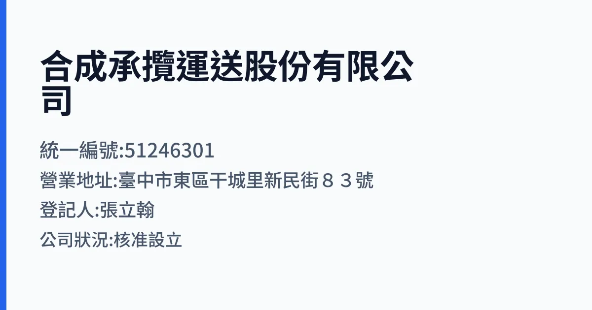 合成承攬運送股份有限公司 - 統編 51246301(臺中市) 公司登記資料與營業項目詳細圖表