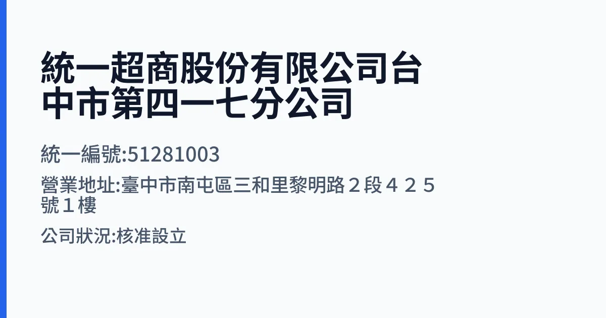 統一超商股份有限公司台中市第四一七分公司 - 統編 51281003(臺中市) 公司登記資料與營業項目詳細圖表