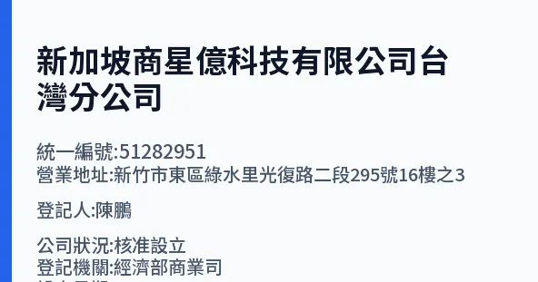 新加坡商星億科技有限公司台灣分公司的照片-統編 51282951(新竹市) 公司登記資料與營業項目詳細圖表