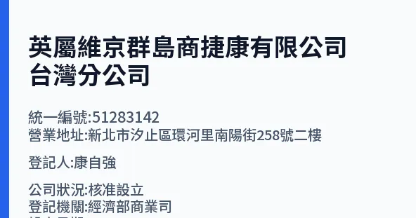 英屬維京群島商捷康有限公司台灣分公司的照片-統編 51283142(新北市) 公司登記資料與營業項目詳細圖表