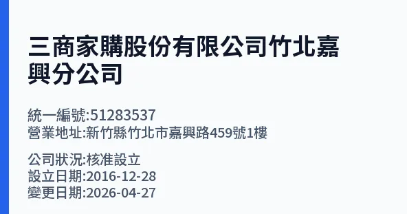 三商家購股份有限公司竹北嘉興分公司的照片-統編 51283537(新竹縣) 公司登記資料與營業項目詳細圖表