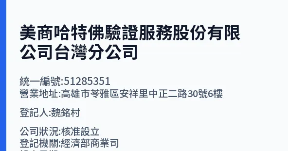美商哈特佛驗證服務股份有限公司台灣分公司的照片-統編 51285351(高雄市) 公司登記資料與營業項目詳細圖表