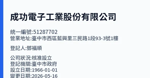 成功電子工業股份有限公司的照片-統編 51287702(臺中市) 公司登記資料與營業項目詳細圖表