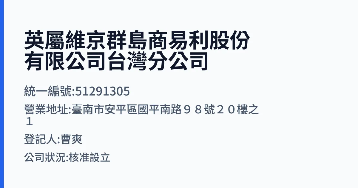 英屬維京群島商易利股份有限公司台灣分公司 - 統編 51291305(臺南市) 公司登記資料與營業項目詳細圖表