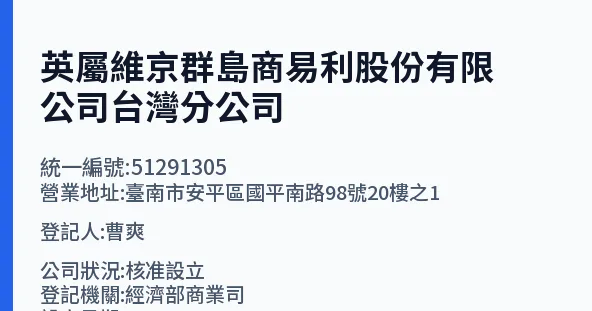 英屬維京群島商易利股份有限公司台灣分公司的照片-統編 51291305(臺南市) 公司登記資料與營業項目詳細圖表