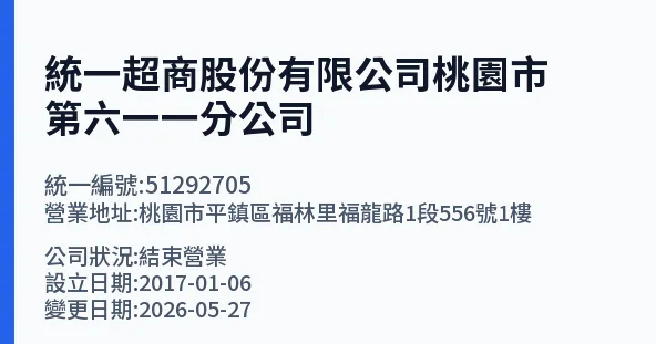統一超商股份有限公司桃園市第六一一分公司的照片-統編 51292705(桃園市) 公司登記資料與營業項目詳細圖表