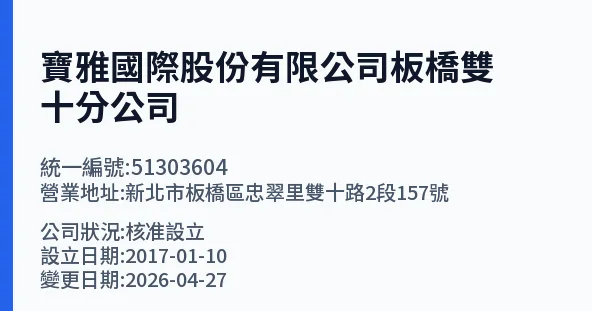寶雅國際股份有限公司板橋雙十分公司的照片-統編 51303604(新北市) 公司登記資料與營業項目詳細圖表