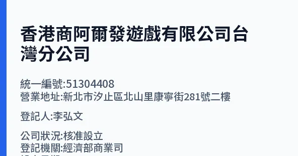 香港商阿爾發遊戲有限公司台灣分公司的照片-統編 51304408(新北市) 公司登記資料與營業項目詳細圖表