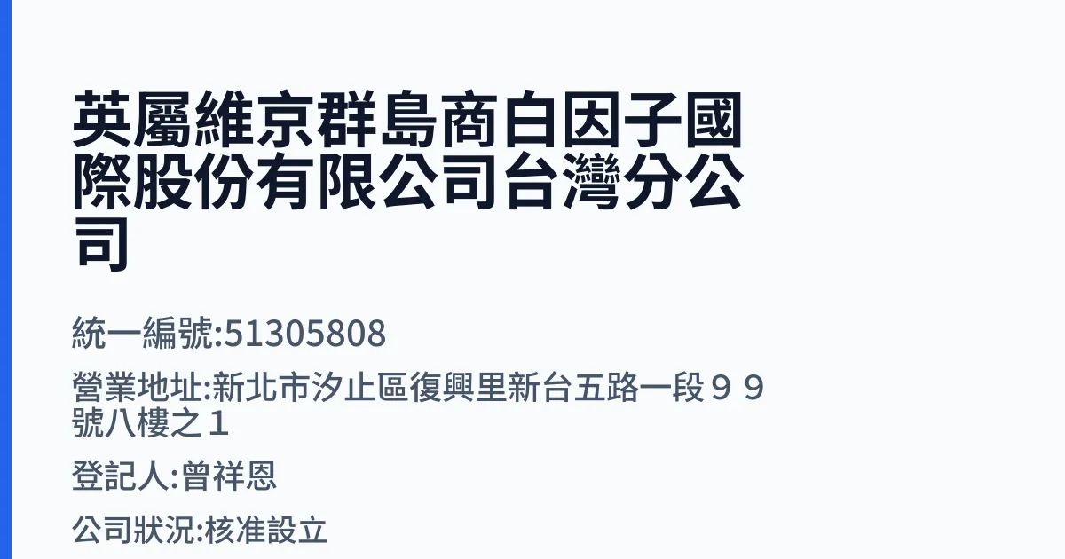 英屬維京群島商白因子國際股份有限公司台灣分公司 - 統編 51305808(新北市) 公司登記資料與營業項目詳細圖表